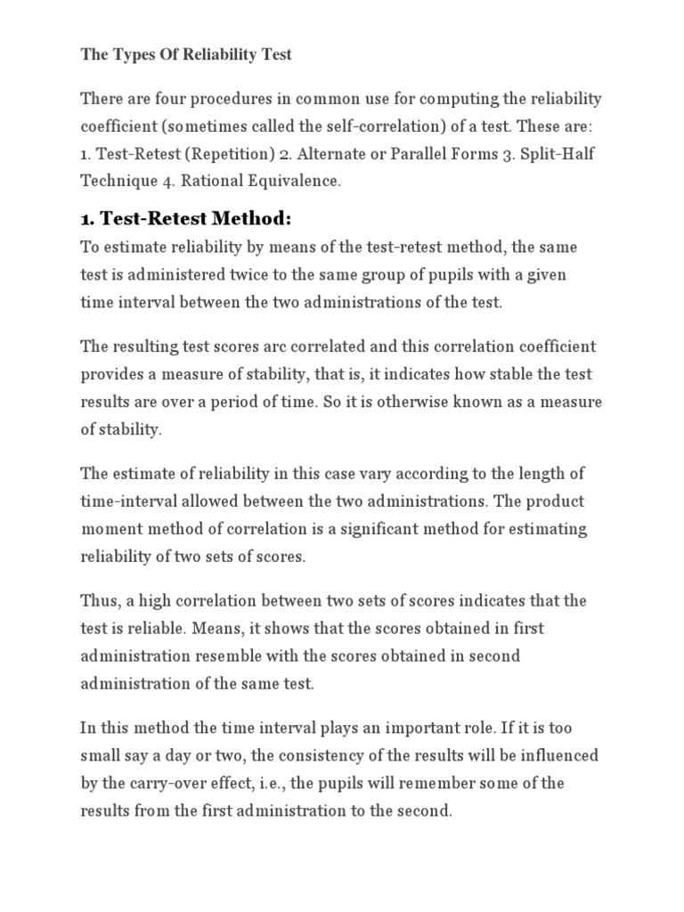 Here Are Four Procedures in Common Use For Computing The Reliability Coefficient | PDF ...