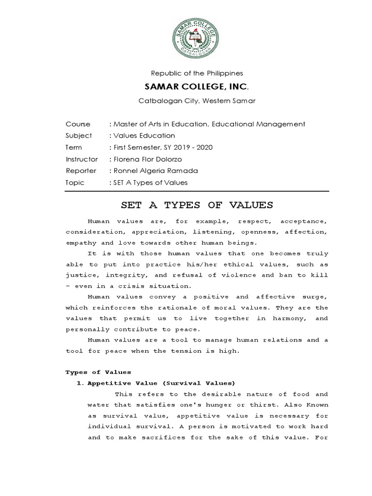 Set A Types of Values: Samar College, Inc | PDF | Sacred | Value (Ethics)