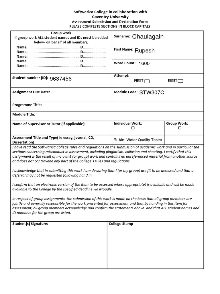 Stw-cu-Assignment Submission Declaration Form | Download Free PDF ...