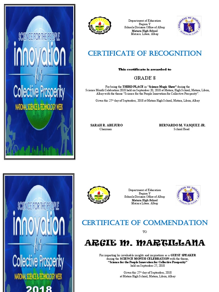 Grade 8: Certificate of Recognition | PDF