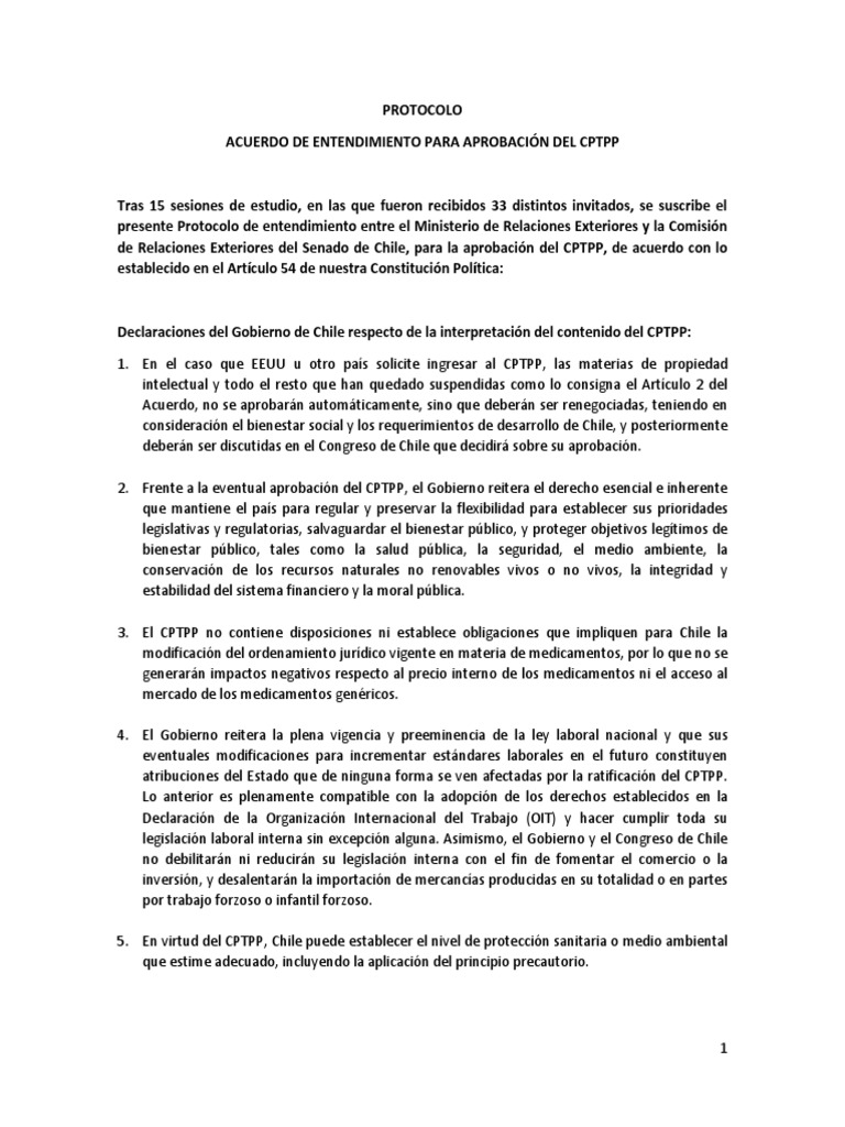 Protocolo Acuerdo de Entendimiento para Aprobación Del TPP - 11 | PDF | Tratado | Chile
