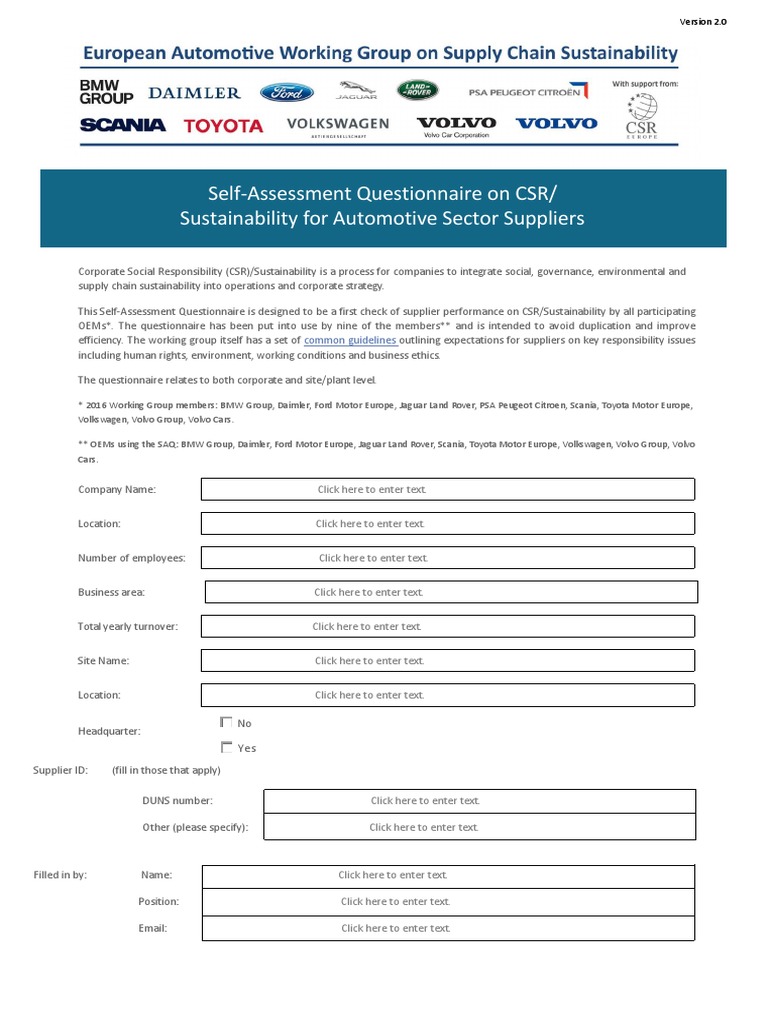 Self-Assessment Questionnaire on CSR/ Sustainability for Automotive Sector Suppliers | Corporate ...