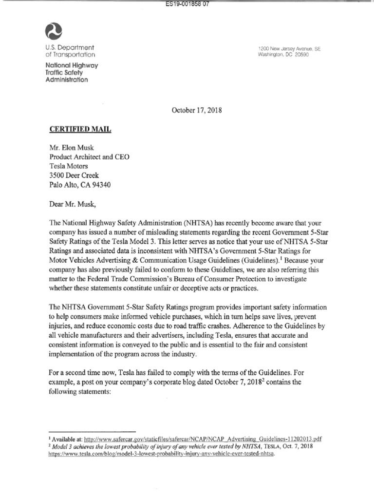 Tesla Model 3 Safety Claims - NHTSA Cease and Desist Letter | PDF