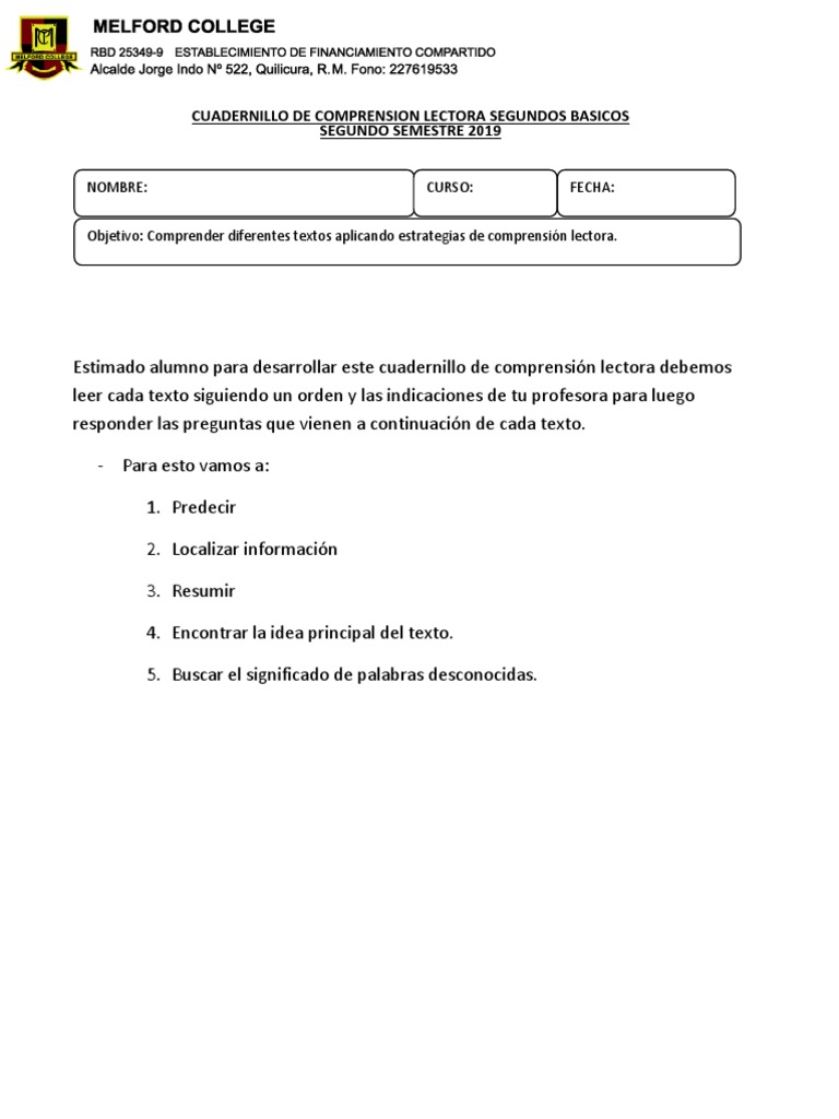 Cuadernillo de Comprension Lectora Segundos Basicos | PDF | Comprensión ...