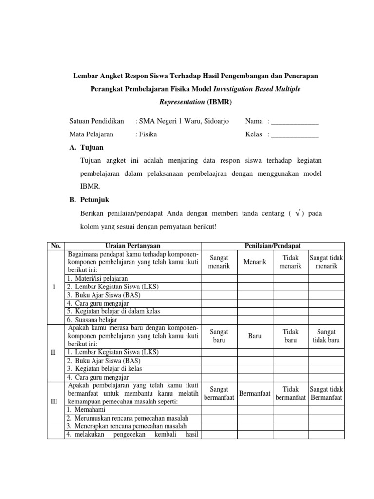 Lembar Angket Respon Siswa | PDF