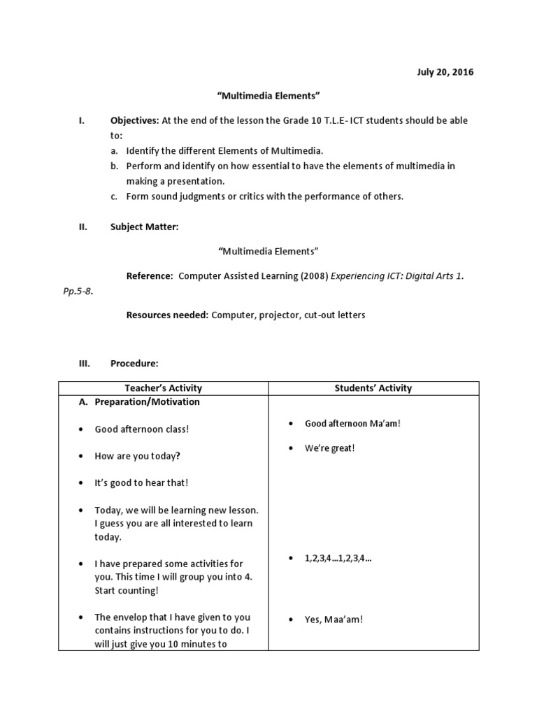 Multimedia Elements for Grade 10 Lesson | PDF | Graphics | Multimedia