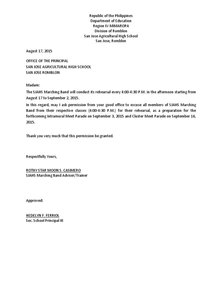 Marching Band Request Letter For Rehearsal | PDF