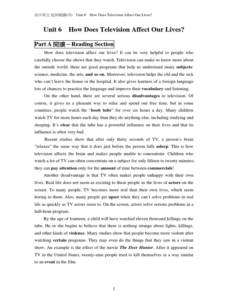 Unit 6 How Does Television Affect Our Lives?: Part A 閱讀－Reading Section ...