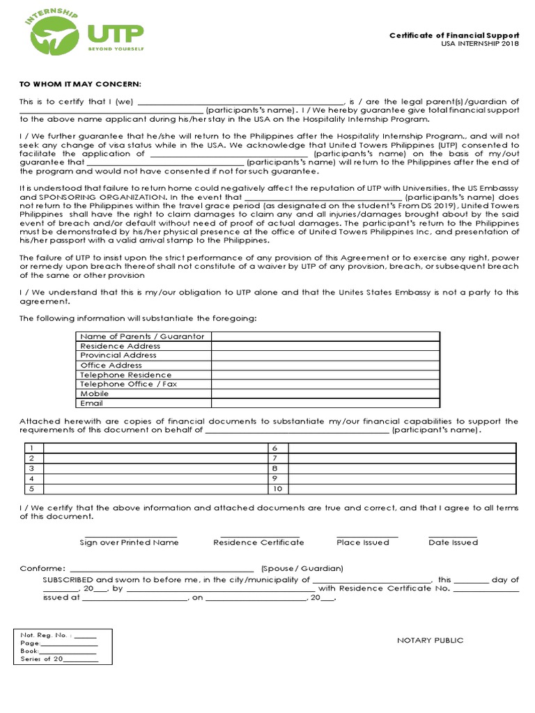 USA - Certificate of Financial Support | PDF | Damages | Government And ...