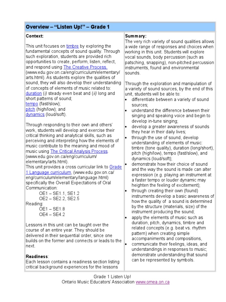 Overview - "Listen Up!" - Grade 1: Timbre | PDF | Singing | Music Education