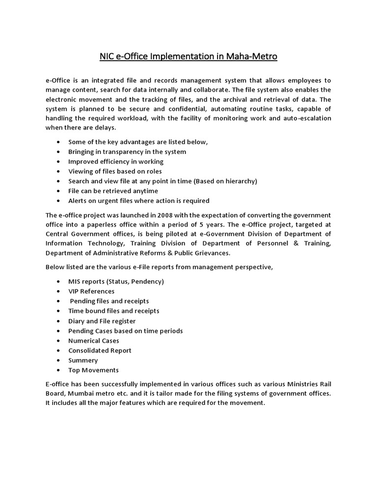 NIC E-Office Implementation in Maha-Metro | PDF | E Government ...