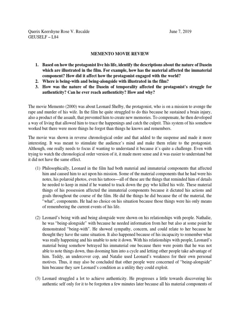 Movie Review MEMENTO | PDF | Metaphysics | Epistemology