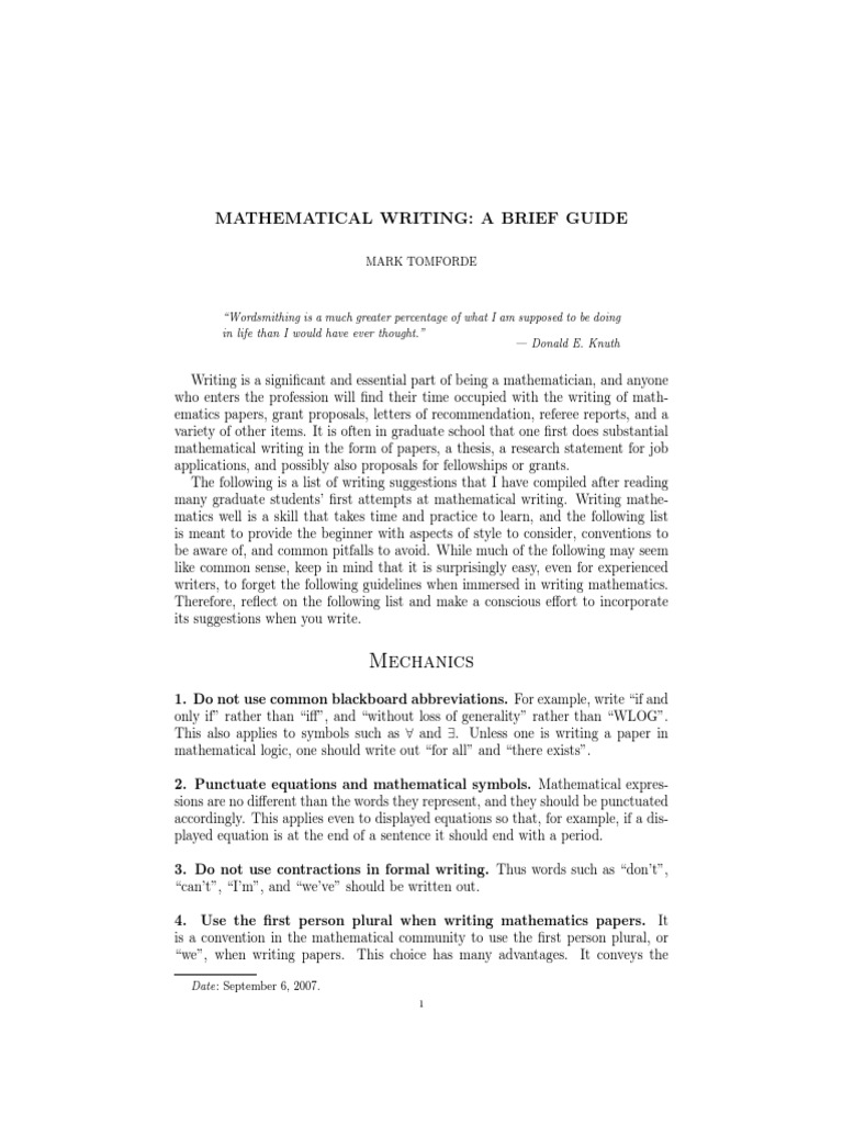 Mathematical Writing: A Brief Guide | PDF | Te X | Theorem
