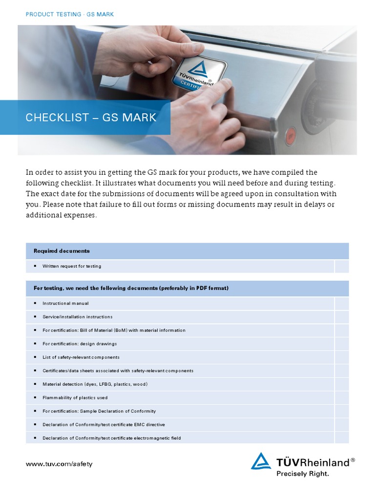 Tuv Rheinland Gs Mark Checklist en | Download Free PDF | Reliability ...
