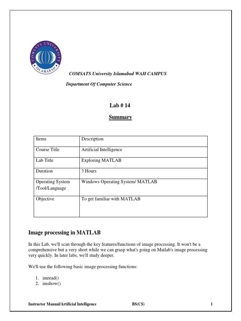 COMSATS University Islamabad WAH CAMPUS Department of Computer Science | PDF | Matlab | Digital ...