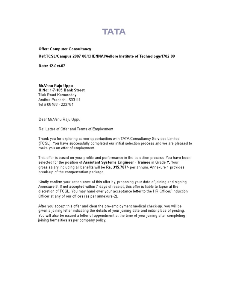 Tcs-Offer-Letterpdf OCR | PDF | Identity Document | Insurance