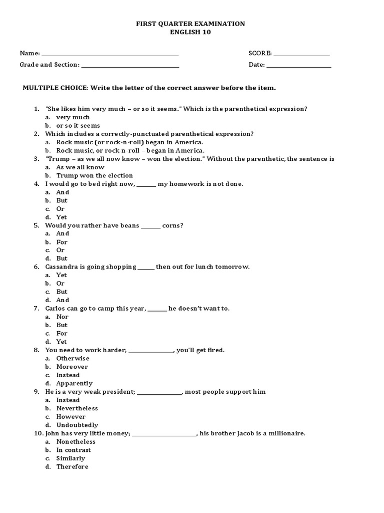 English First Quarter Examination | PDF | Hades | Orpheus