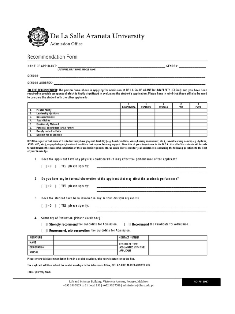 DLSAU Admission Recommendation Form | PDF | Disability | Behavior ...