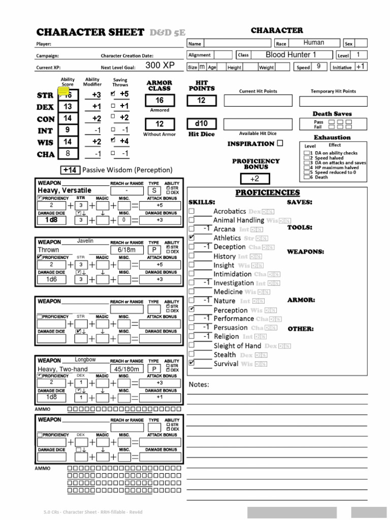 Blood Hunter Character Sheet 5E | PDF | Role Playing Games | Leisure