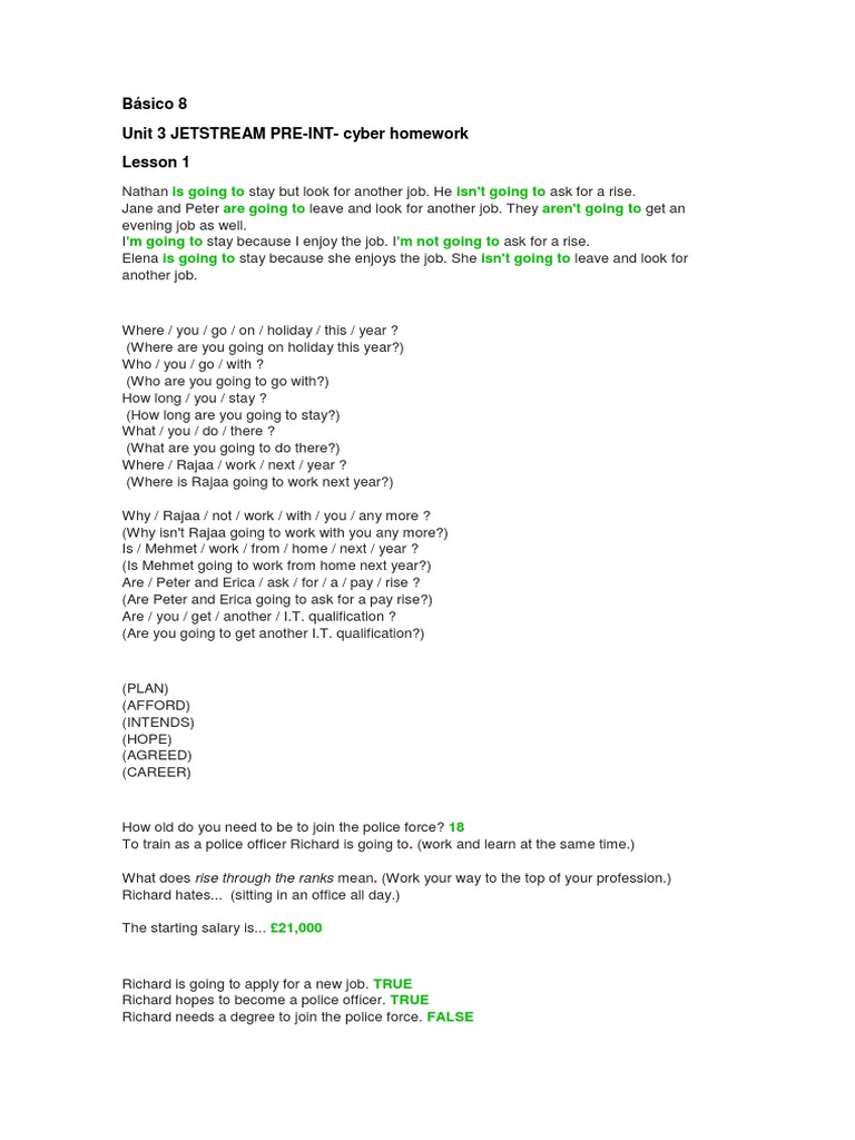 Básico 8 Unit 3 JETSTREAM PRE-INT-cyber Homework Lesson 1 | PDF