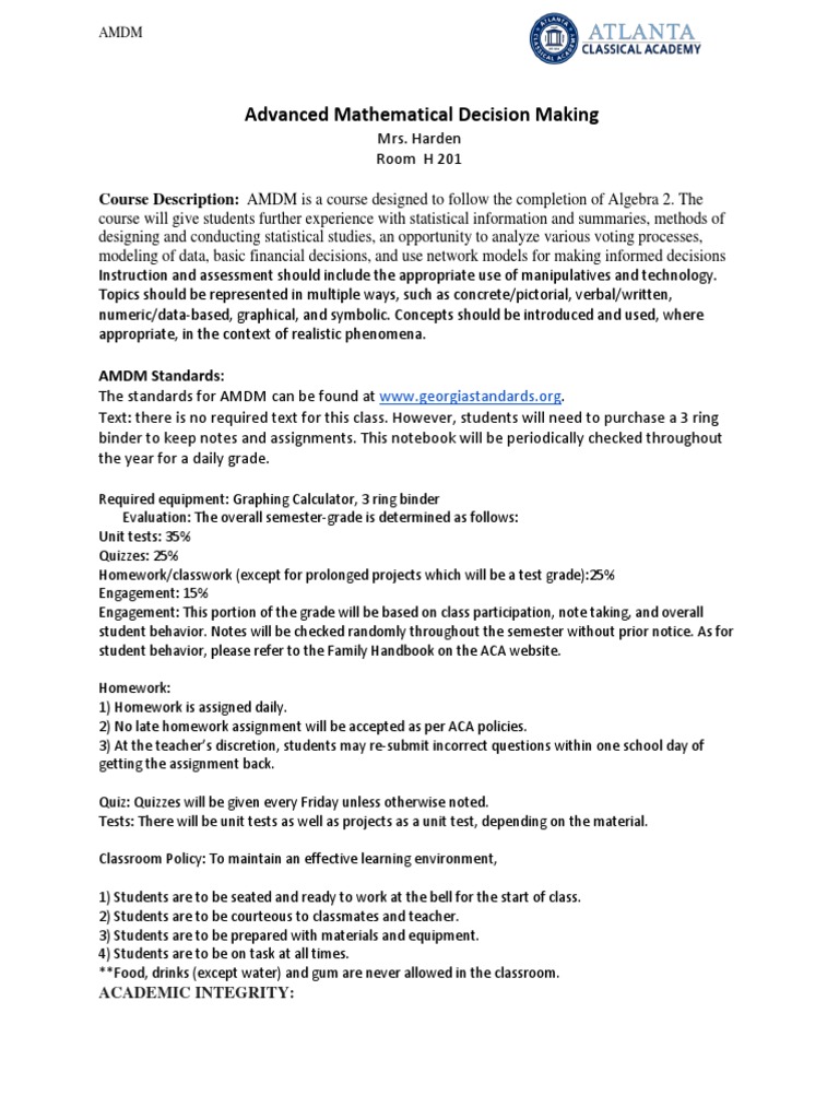 Amdm - Syllabus Harden 2019-2020 New | PDF | Homework | Plagiarism