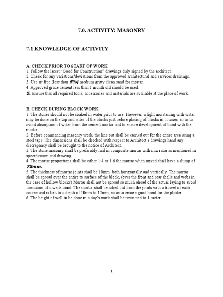 7.0. Activity: Masonry 7.1 Knowledge of Activity: A. Check Prior To ...