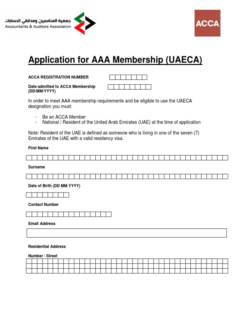 Application For AAA Membership (UAECA) : Acca Registration Number Date ...