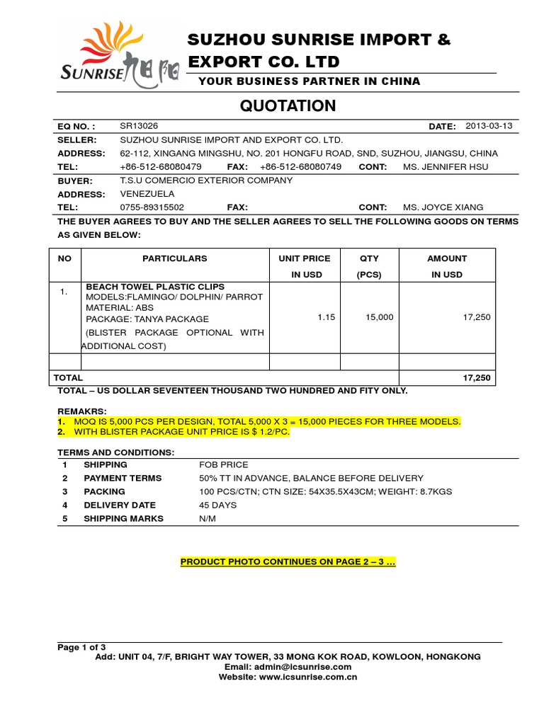 Suzhou Sunrise Import & Export Co. LTD: Quotation | PDF | Economies | Business