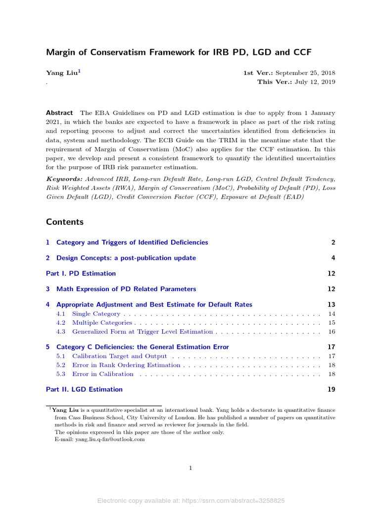 Margin of Conservatism Framework for IRB PD, LGD and CCF Estimation ...