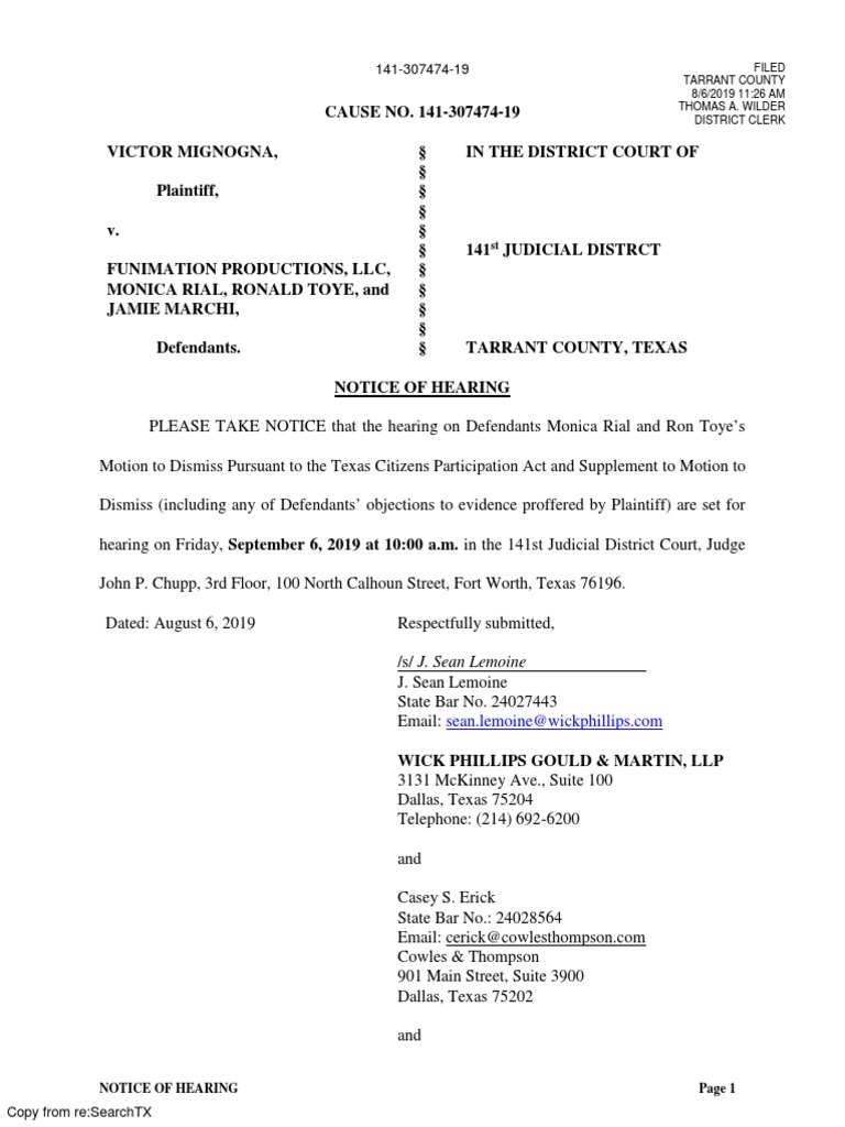 Monica Rial and Ron Toye - Notice of Hearing On TCPA | PDF | United ...