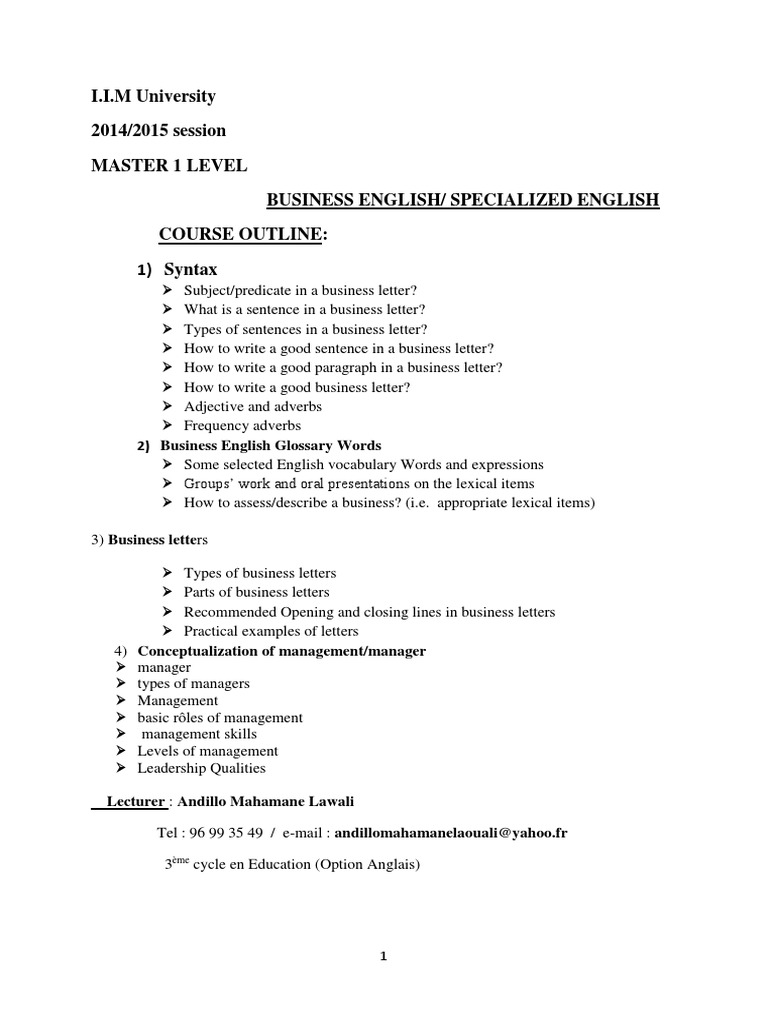 Plan Du Cours D'anglais Mastre1 | PDF
