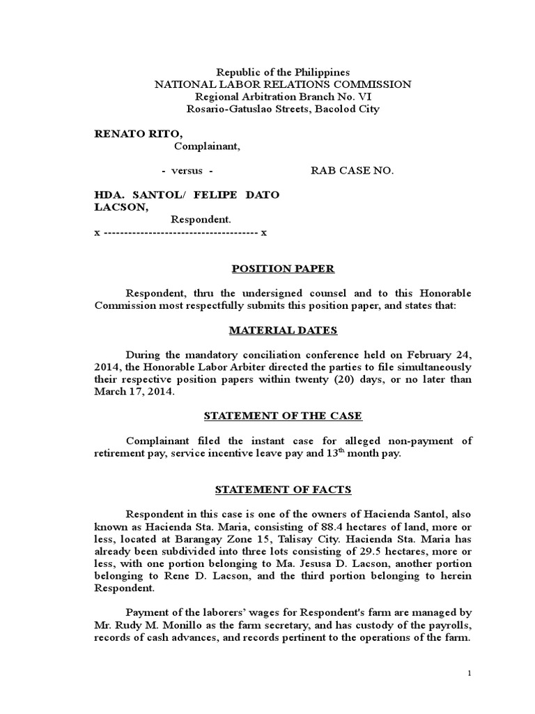Position Paper NLRC (Sample) | PDF | Salary | Payroll