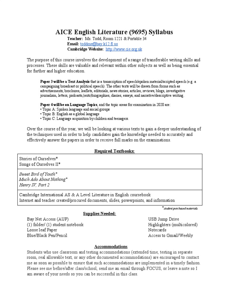 AICE English Literature Syllabus 9695 | PDF | Educational Assessment ...