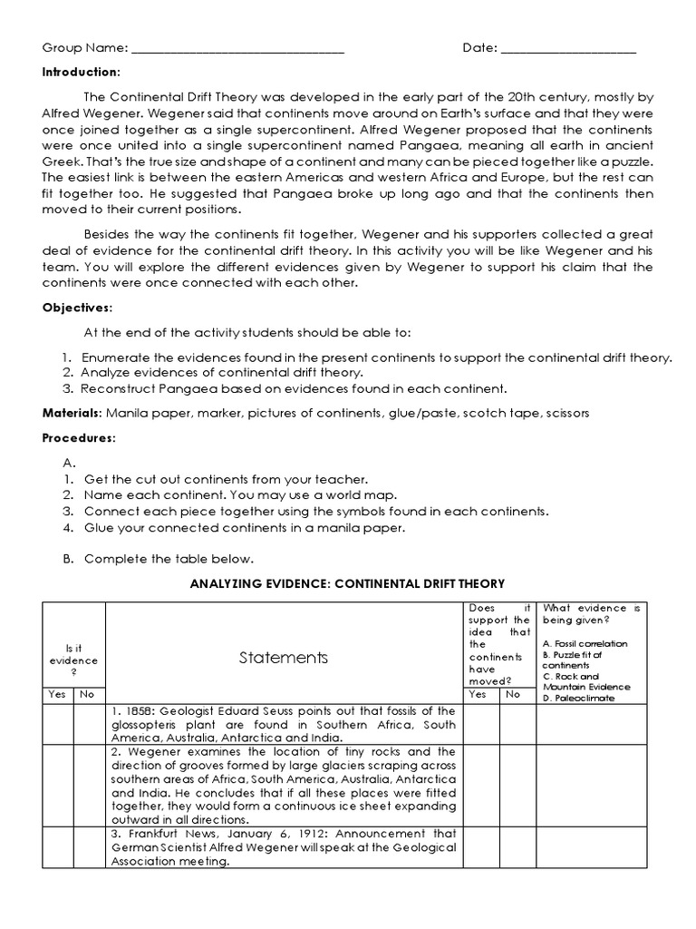 Activity On Evidence of Continental Drift Theory | PDF | Continent ...
