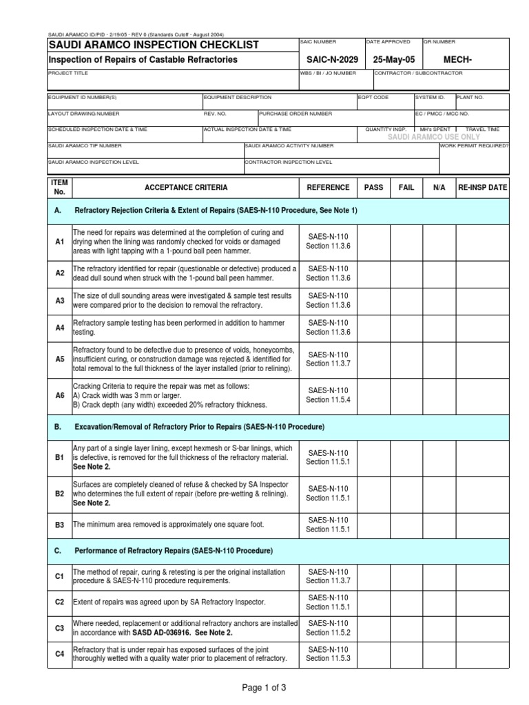 SAUDI ARAMCO INSPECTION CHECKLIST FOR REPAIRS | PDF | Refractory ...