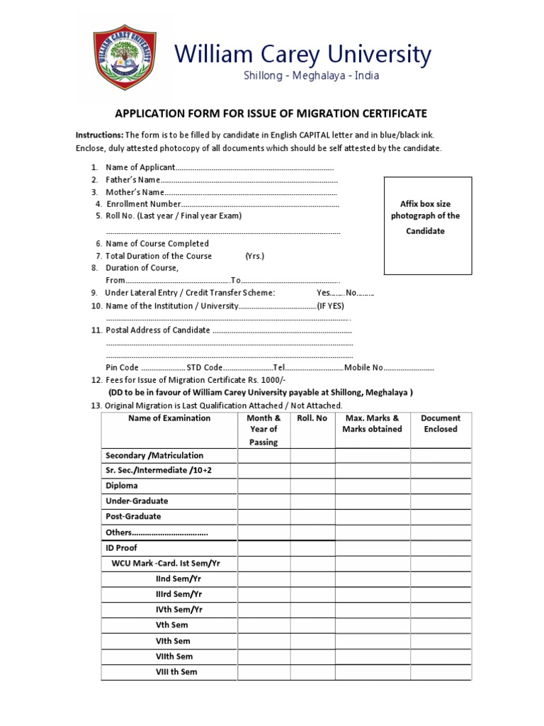 William Carey University: Application Form For Issue of Migration ...