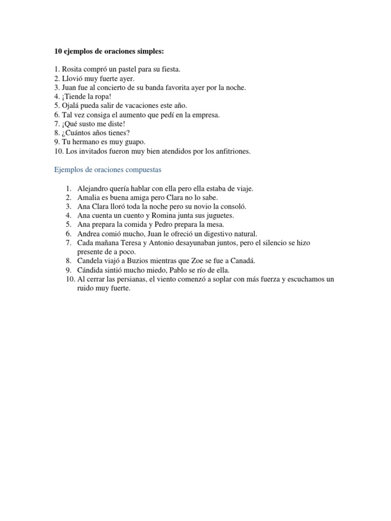 Diez ejemplos de oraciones simples y diez ejemplos de oraciones ...