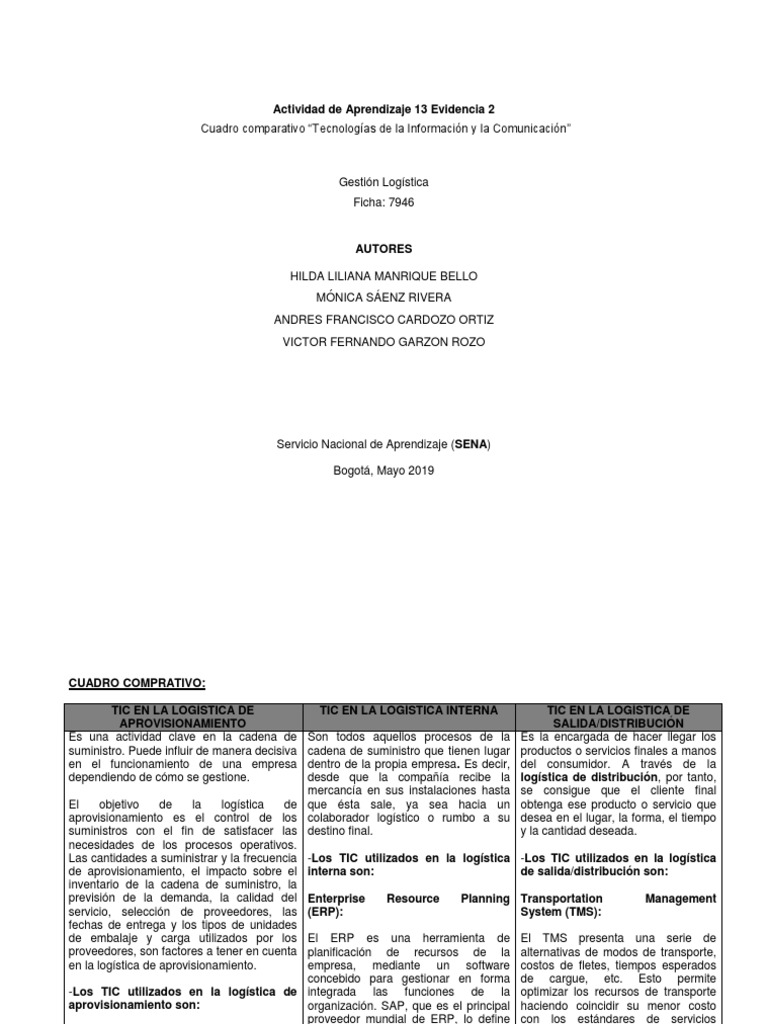 Actividad De Aprendizaje 13 Evidencia 2 Pdf Logística