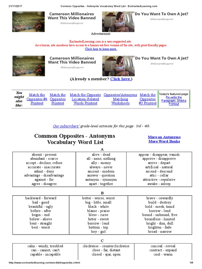 Common Opposites - Antonyms Vocabulary Word List - EnchantedLearning | PDF