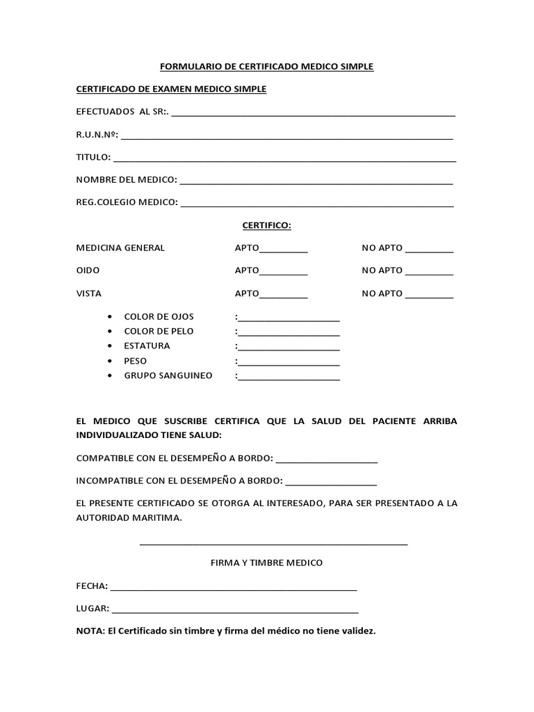 Formulario de Certificado Medico Simple | PDF
