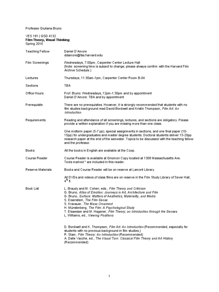 Film Theory Syllabus Spring 2016 | PDF | Film Theory | Science