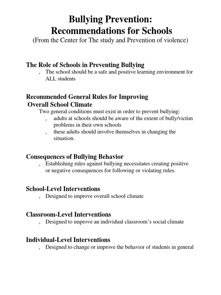 Bullying Prevention: Recommendations For Schools: (From The Center For ...