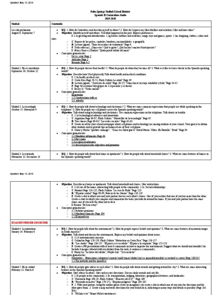 Spanish II Curriculum Guide 2019-2020 | PDF | Language Arts ...