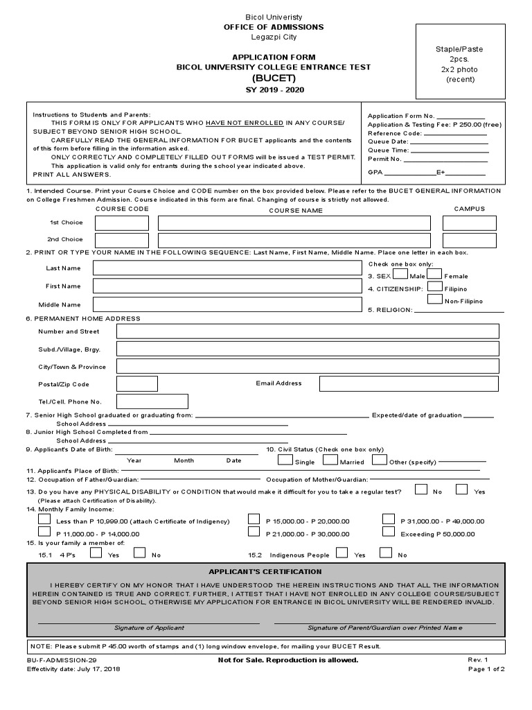 Bicol University BUCET Application Form | PDF