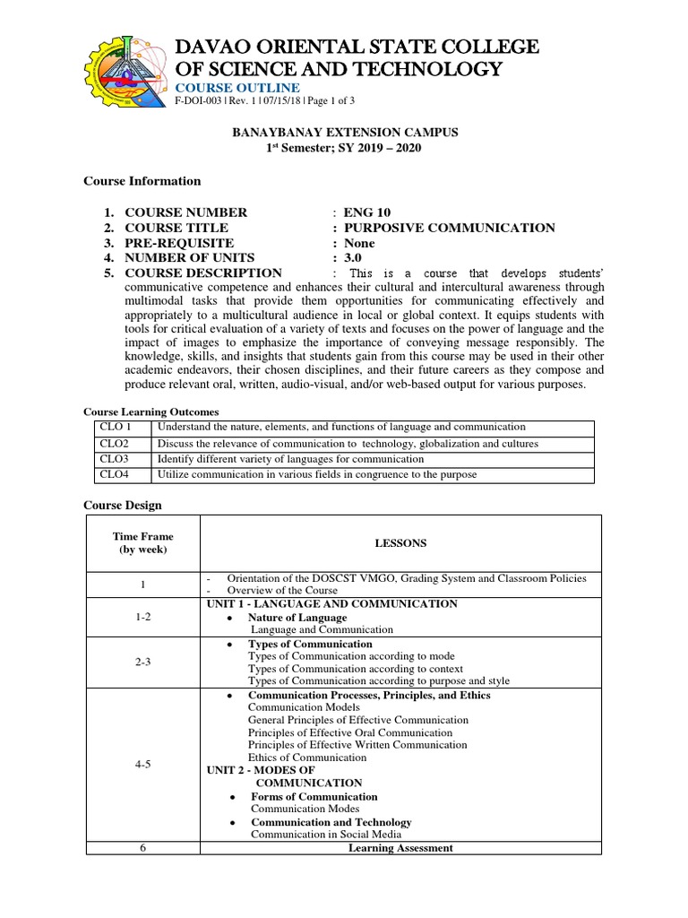 Course Outline in Purposive Communication.docx | Cross Cultural Communication | Communication