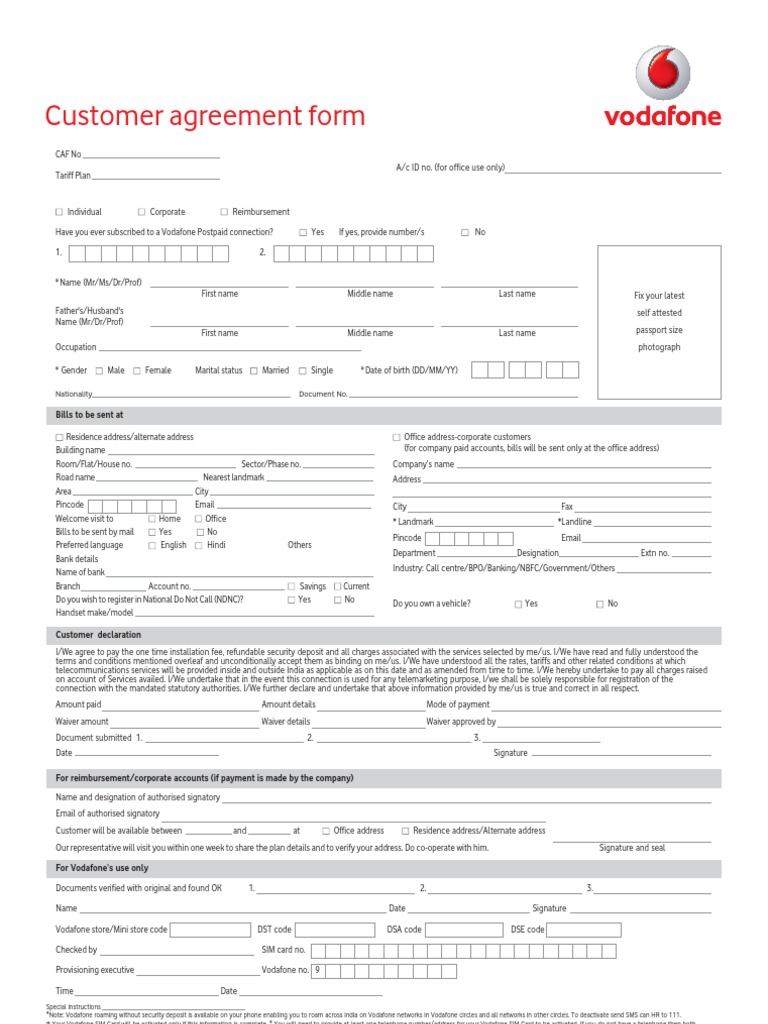 Vodafone Agreement Form | Identity Document | Payments