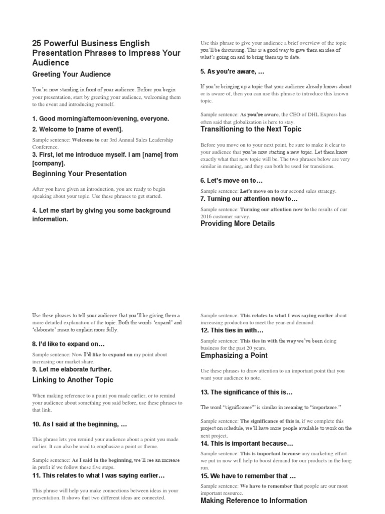 Essential Phrases for Business Presentations | PDF | Cognitive Science ...