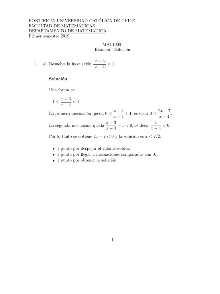 Mat1000 2019 Sem1 Ex Solucion | PDF | Función (Matemáticas) | Funciones ...