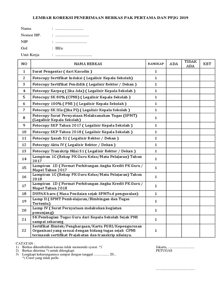 Lembar Koreksi Penerimaan Berkas Pak Pertama Dan PPJG 2019 | PDF