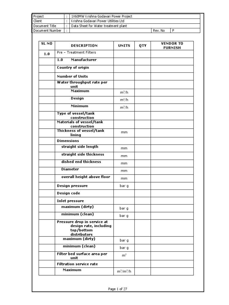 Data Sheet For WTP | PDF | Pump | Ion Exchange